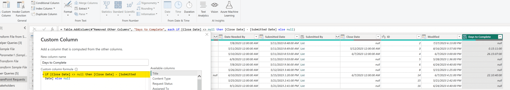 Tracking "days to complete" a SharePoint list item request
