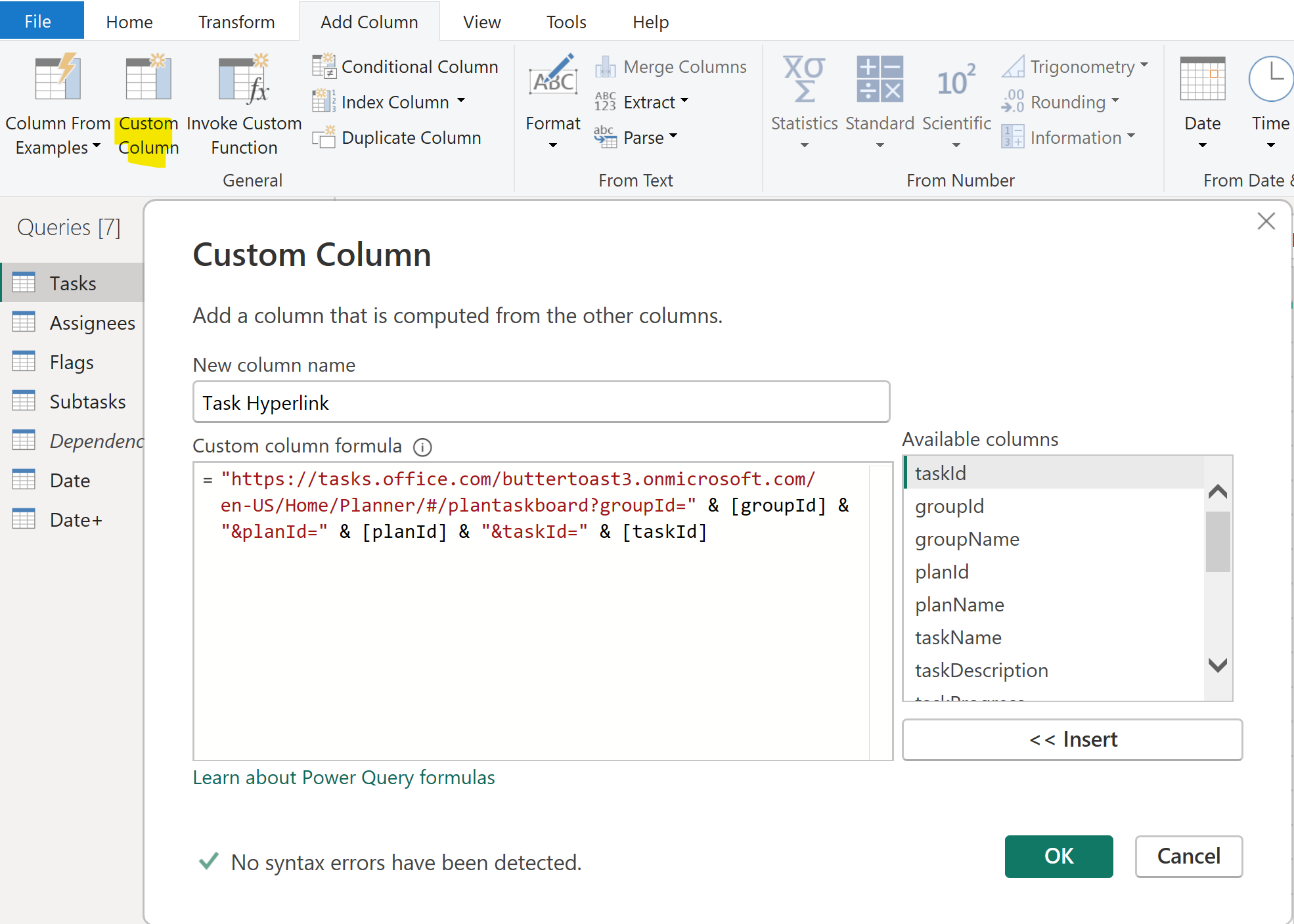 Creating a clickable link to a Planner task in Power BI